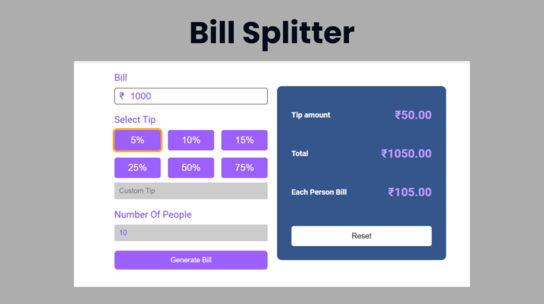 Bill Splitter Using HTML , CSS and JavaScript with Code